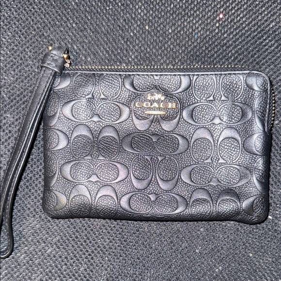 Coach | Bags | Coach Corner Zip Black Embossed Wristlet Monogrammed C ...